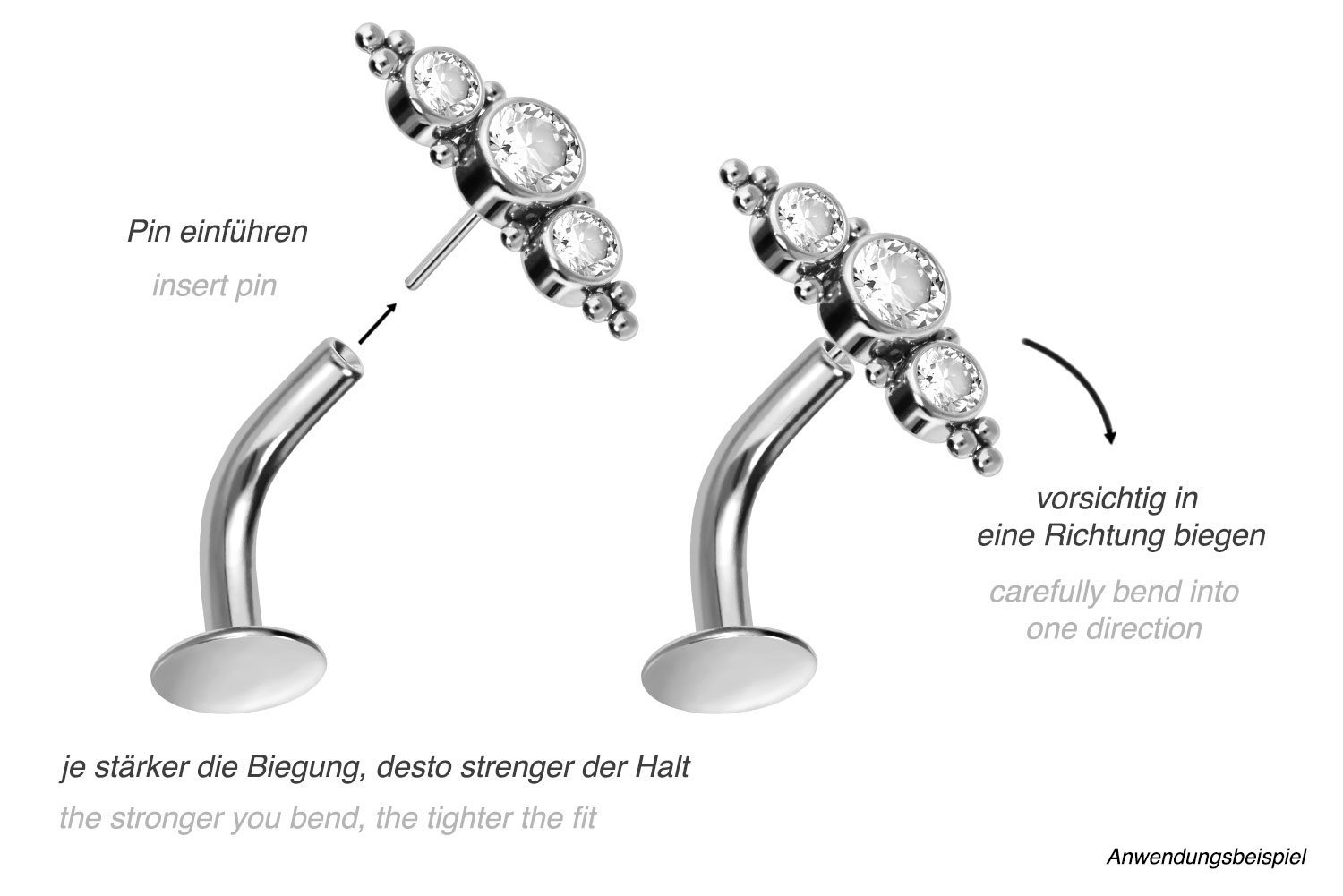 Titan Bauchnabel Labret gebogen mit Push Fit 3 KRISTALLE + KUGELN ...